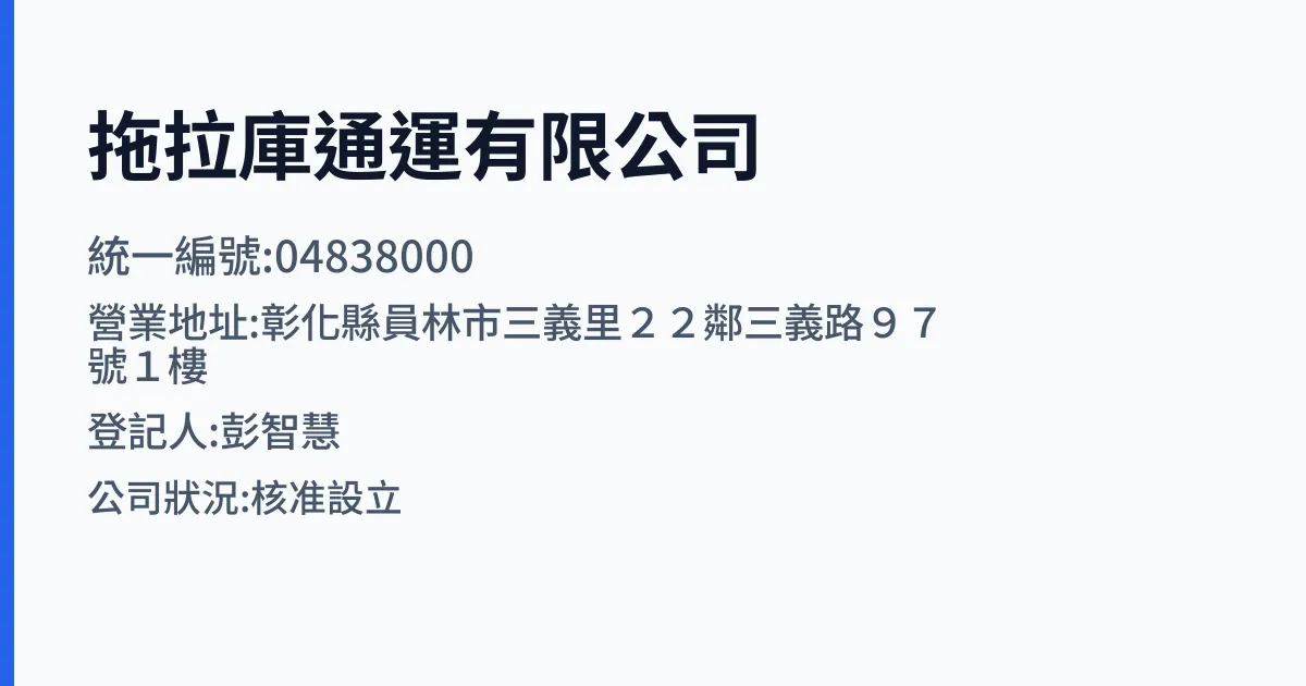 拖拉庫通運有限公司 - 統編 04838000(彰化縣) 公司登記資料與營業項目詳細圖表