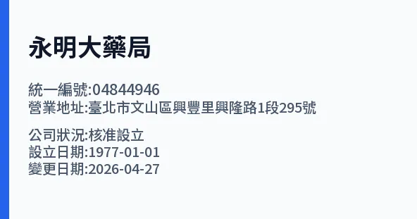 永明大藥局的照片-統編 04844946(臺北市) 公司登記資料與營業項目詳細圖表