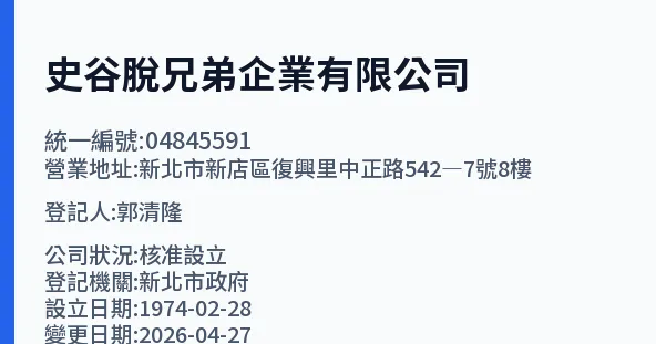 史谷脫兄弟企業有限公司的照片-統編 04845591(新北市) 公司登記資料與營業項目詳細圖表