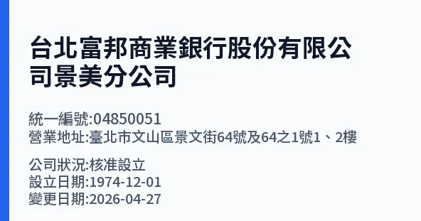 台北富邦商業銀行股份有限公司景美分公司的照片-統編 04850051(臺北市) 公司登記資料與營業項目詳細圖表