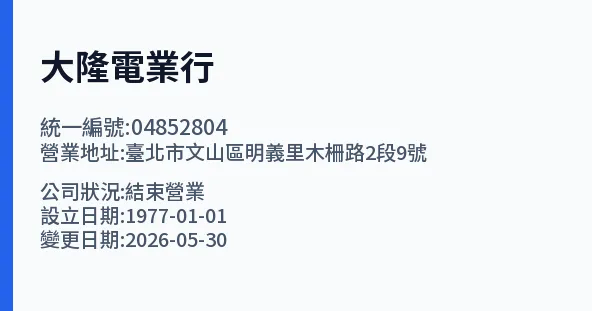 大隆電業行的照片-統編 04852804(臺北市) 公司登記資料與營業項目詳細圖表