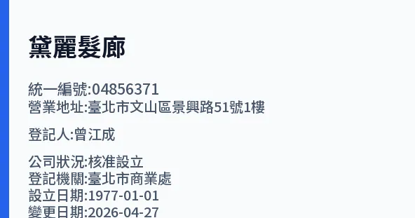 黛麗髮廊的照片-統編 04856371(臺北市) 公司登記資料與營業項目詳細圖表