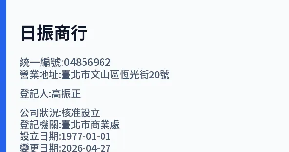 日振商行的照片-統編 04856962(臺北市) 公司登記資料與營業項目詳細圖表