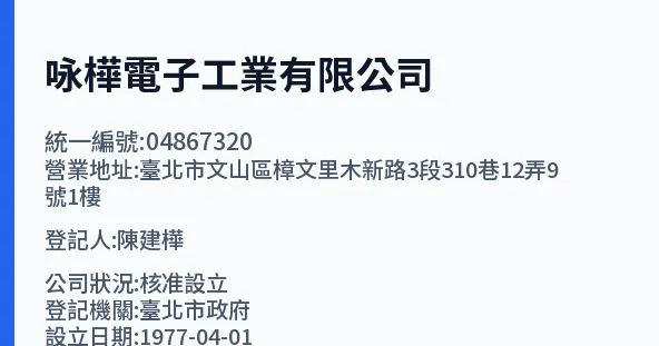 咏樺電子工業有限公司的照片-統編 04867320(臺北市) 公司登記資料與營業項目詳細圖表