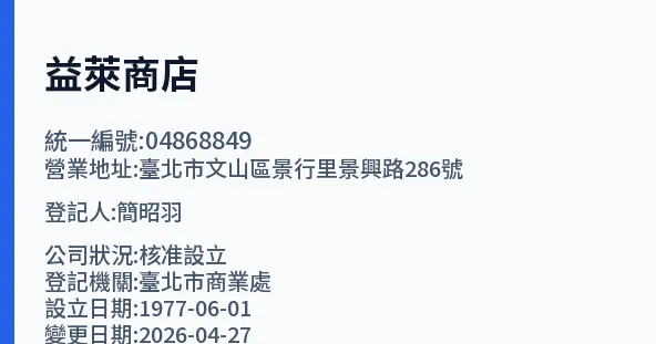 益萊商店的照片-統編 04868849(臺北市) 公司登記資料與營業項目詳細圖表