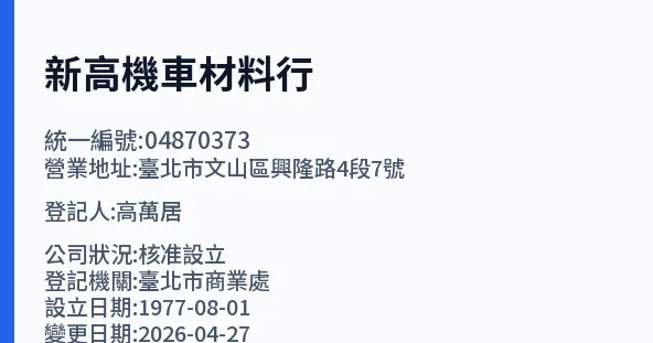新高機車材料行的照片-統編 04870373(臺北市) 公司登記資料與營業項目詳細圖表