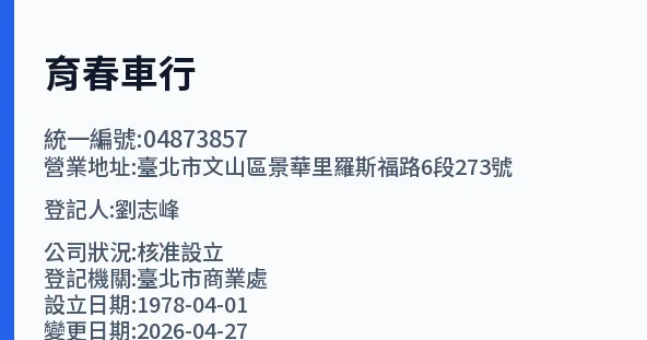 育春車行的照片-統編 04873857(臺北市) 公司登記資料與營業項目詳細圖表