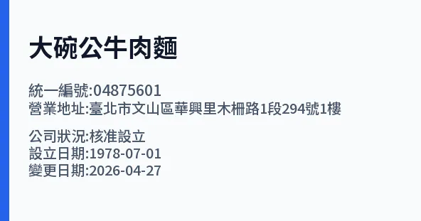 大碗公牛肉麵的照片-統編 04875601(臺北市) 公司登記資料與營業項目詳細圖表