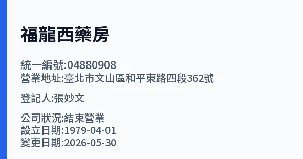 福龍西藥房的照片-統編 04880908(臺北市) 公司登記資料與營業項目詳細圖表