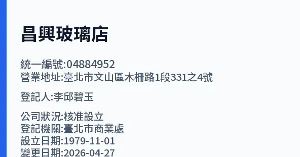 昌興玻璃店的照片-統編 04884952(臺北市) 公司登記資料與營業項目詳細圖表