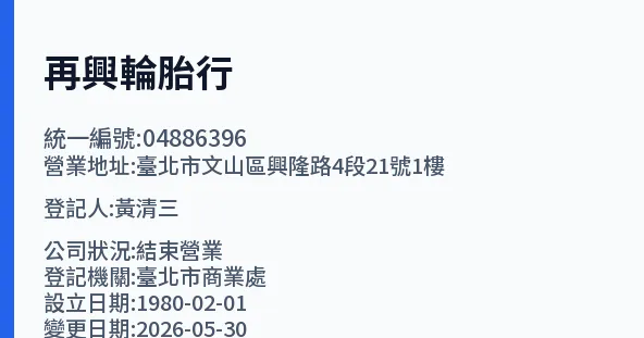再興輪胎行的照片-統編 04886396(臺北市) 公司登記資料與營業項目詳細圖表