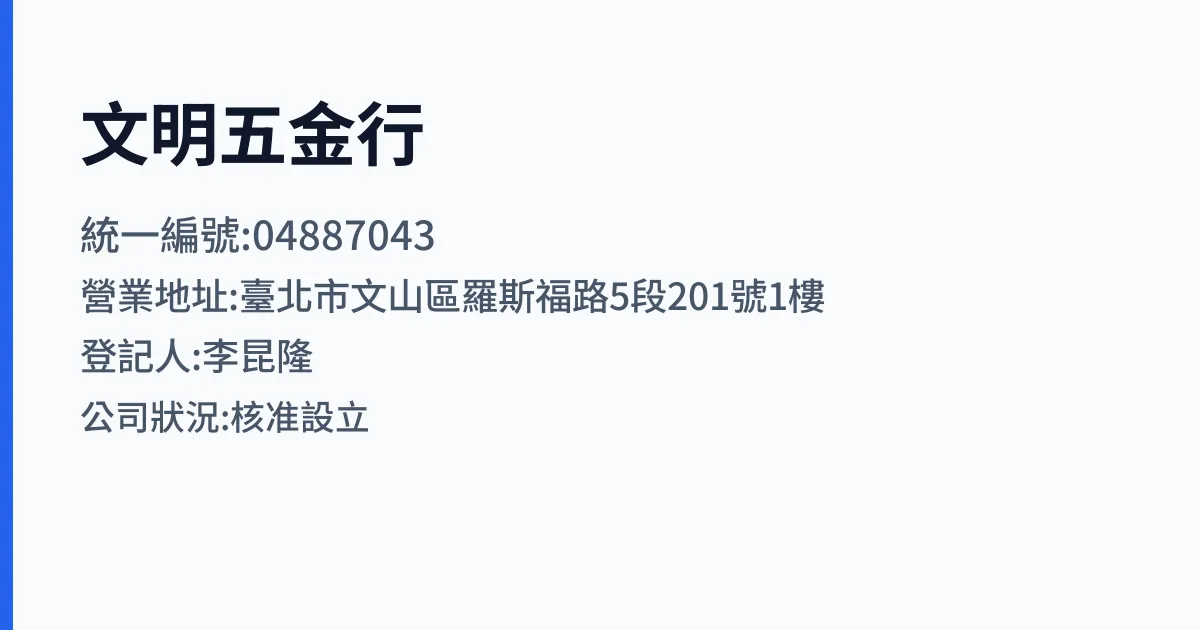 文明五金行 - 統編 04887043(臺北市) 公司登記資料與營業項目詳細圖表