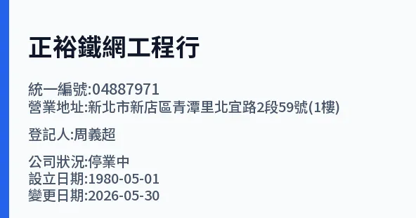 正裕鐵網工程行的照片-統編 04887971(新北市) 公司登記資料與營業項目詳細圖表