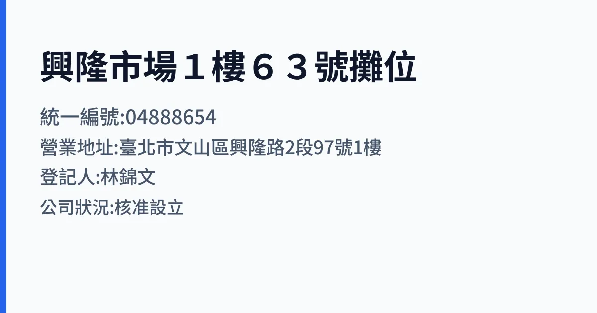 興隆市場１樓６３號攤位 - 統編 04888654(臺北市) 公司登記資料與營業項目詳細圖表