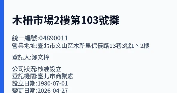 木柵市場2樓第103號攤的照片-統編 04890011(臺北市) 公司登記資料與營業項目詳細圖表