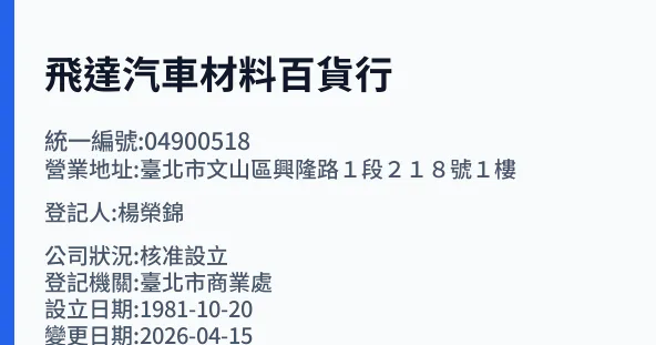 飛達汽車材料百貨行的照片-統編 04900518(臺北市) 公司登記資料與營業項目詳細圖表