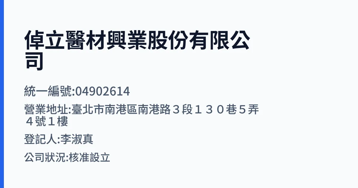 倬立醫材興業股份有限公司 - 統編 04902614(臺北市) 公司登記資料與營業項目詳細圖表