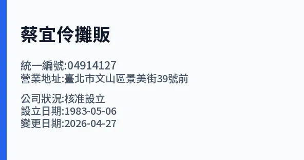 蔡宜伶攤販的照片-統編 04914127(臺北市) 公司登記資料與營業項目詳細圖表