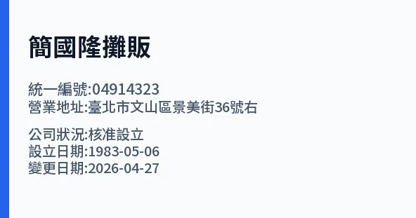 簡國隆攤販的照片-統編 04914323(臺北市) 公司登記資料與營業項目詳細圖表