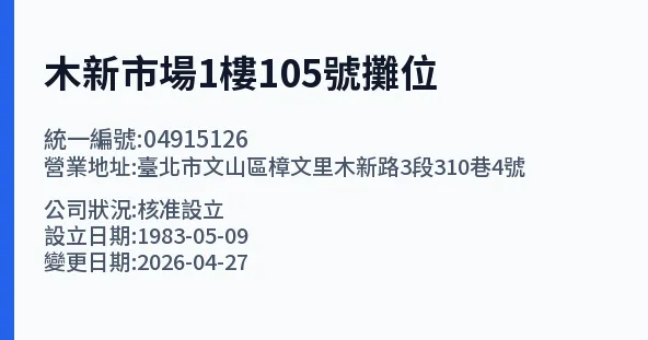 木新市場1樓105號攤位的照片-統編 04915126(臺北市) 公司登記資料與營業項目詳細圖表