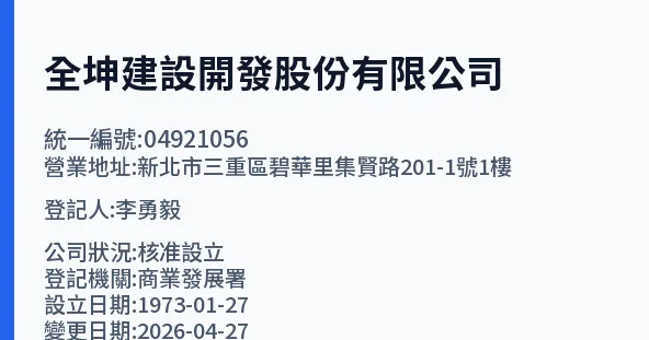 全坤建設開發股份有限公司的照片-統編 04921056(新北市) 公司登記資料與營業項目詳細圖表