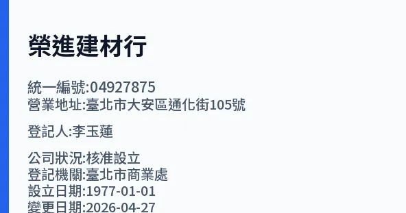 榮進建材行的照片-統編 04927875(臺北市) 公司登記資料與營業項目詳細圖表