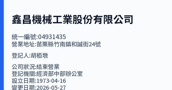 鑫昌機械工業股份有限公司的照片-統編 04931435(苗栗縣) 公司登記資料與營業項目詳細圖表