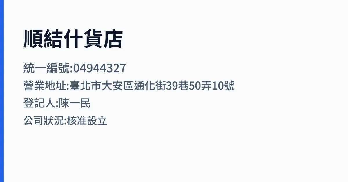 順結什貨店 - 統編 04944327(臺北市) 公司登記資料與營業項目詳細圖表