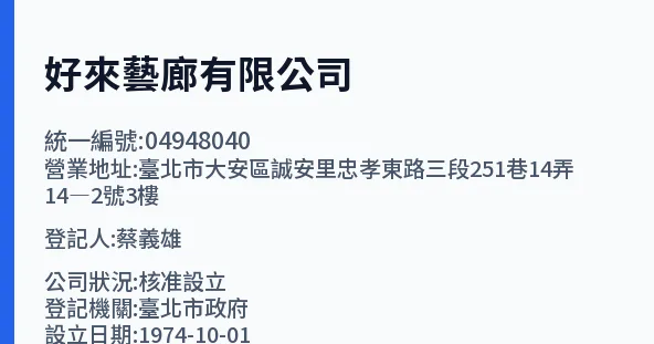 好來藝廊有限公司的照片-統編 04948040(臺北市) 公司登記資料與營業項目詳細圖表