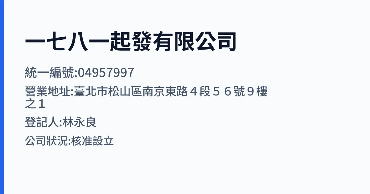 一七八一起發有限公司 - 統編 04957997(臺北市) 公司登記資料與營業項目詳細圖表