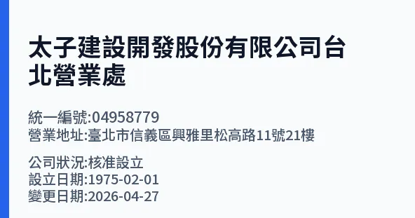 太子建設開發股份有限公司台北營業處的照片-統編 04958779(臺北市) 公司登記資料與營業項目詳細圖表