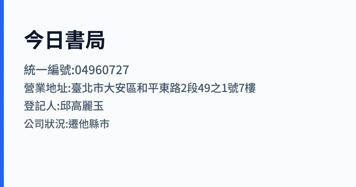 今日書局 - 統編 04960727(新北市) 公司登記資料與營業項目詳細圖表