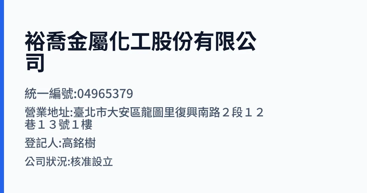 裕喬金屬化工股份有限公司 - 統編 04965379(臺北市) 公司登記資料與營業項目詳細圖表