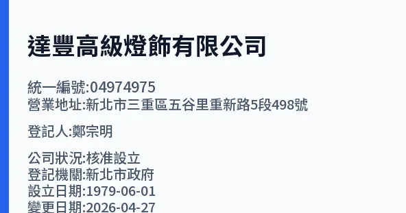 達豐高級燈飾有限公司的照片-統編 04974975(新北市) 公司登記資料與營業項目詳細圖表