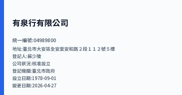 有泉行有限公司的照片-統編 04989800(臺北市) 公司登記資料與營業項目詳細圖表