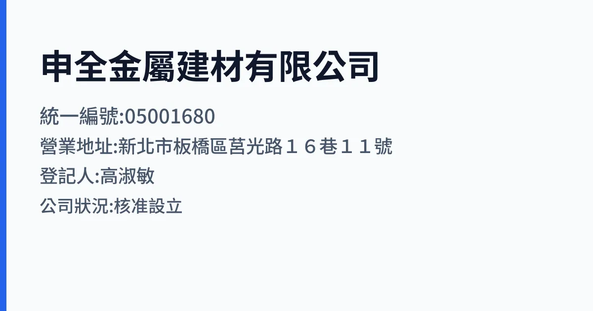 申全金屬建材有限公司 - 統編 05001680(新北市) 公司登記資料與營業項目詳細圖表