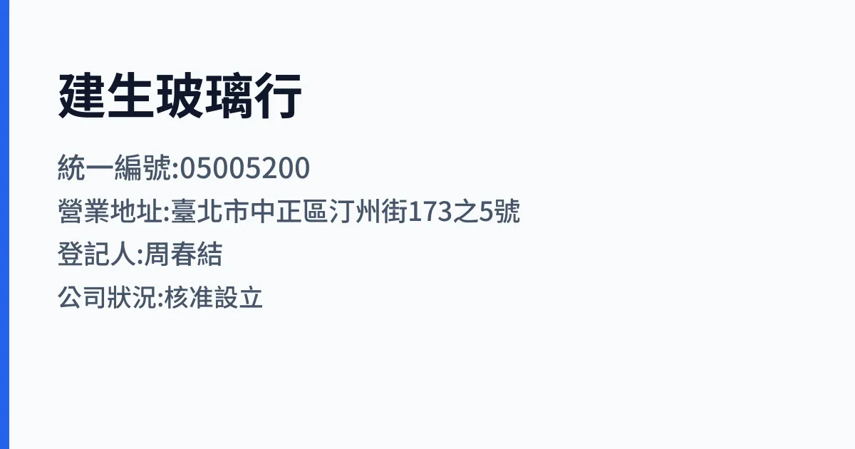 建生玻璃行 - 統編 05005200(臺北市) 公司登記資料與營業項目詳細圖表