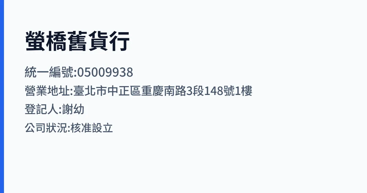 螢橋舊貨行 - 統編 05009938(臺北市) 公司登記資料與營業項目詳細圖表