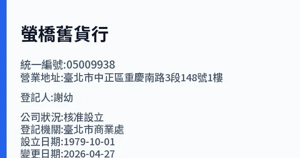 螢橋舊貨行的照片-統編 05009938(臺北市) 公司登記資料與營業項目詳細圖表
