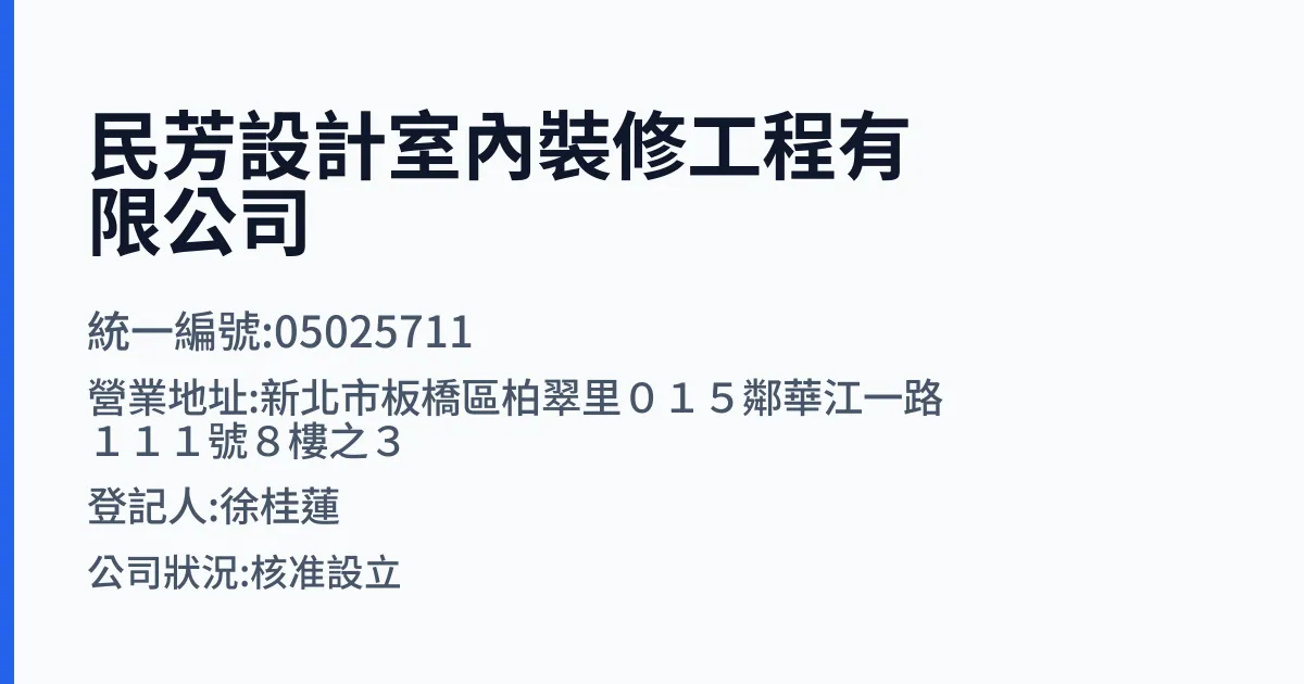 民芳設計室內裝修工程有限公司 - 統編 05025711(新北市) 公司登記資料與營業項目詳細圖表