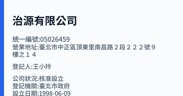 治源有限公司的照片-統編 05026459(臺北市) 公司登記資料與營業項目詳細圖表