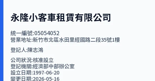 永隆小客車租賃有限公司的照片-統編 05054052(新竹市) 公司登記資料與營業項目詳細圖表