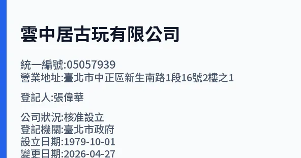 雲中居古玩有限公司的照片-統編 05057939(臺北市) 公司登記資料與營業項目詳細圖表