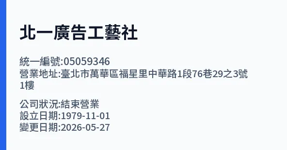 北一廣告工藝社的照片-統編 05059346(臺北市) 公司登記資料與營業項目詳細圖表