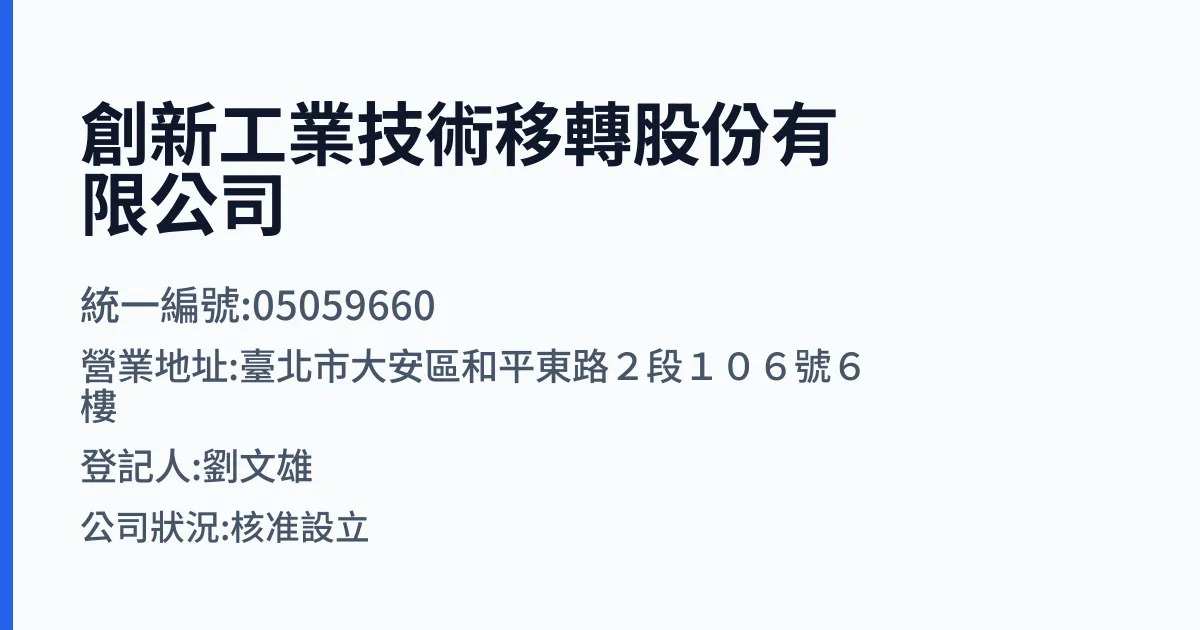 創新工業技術移轉股份有限公司 - 統編 05059660(臺北市) 公司登記資料與營業項目詳細圖表
