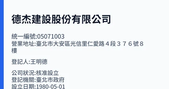 德杰建設股份有限公司的照片-統編 05071003(臺北市) 公司登記資料與營業項目詳細圖表