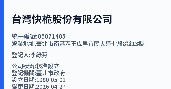 台灣快桅股份有限公司的照片-統編 05071405(臺北市) 公司登記資料與營業項目詳細圖表