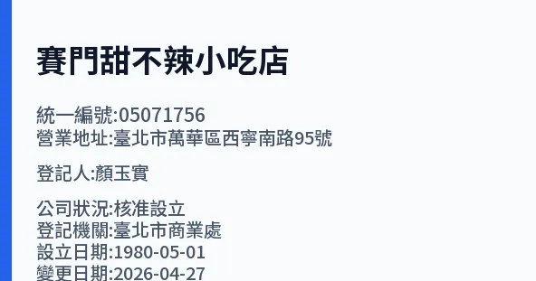 賽門甜不辣小吃店的照片-統編 05071756(臺北市) 公司登記資料與營業項目詳細圖表