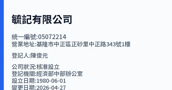 毓記有限公司的照片-統編 05072214(基隆市) 公司登記資料與營業項目詳細圖表