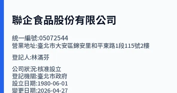 聯企食品股份有限公司的照片-統編 05072544(臺北市) 公司登記資料與營業項目詳細圖表